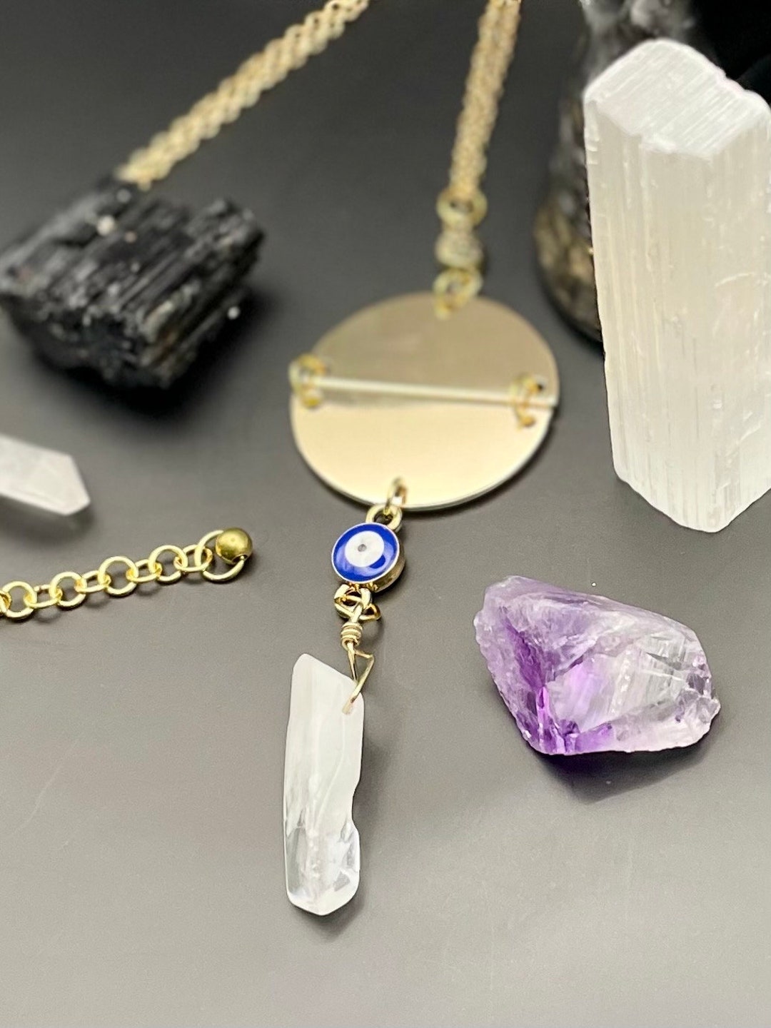 Gold Tone Evil Eye Crystal Necklace Statement Necklace Witchy Necklace ...