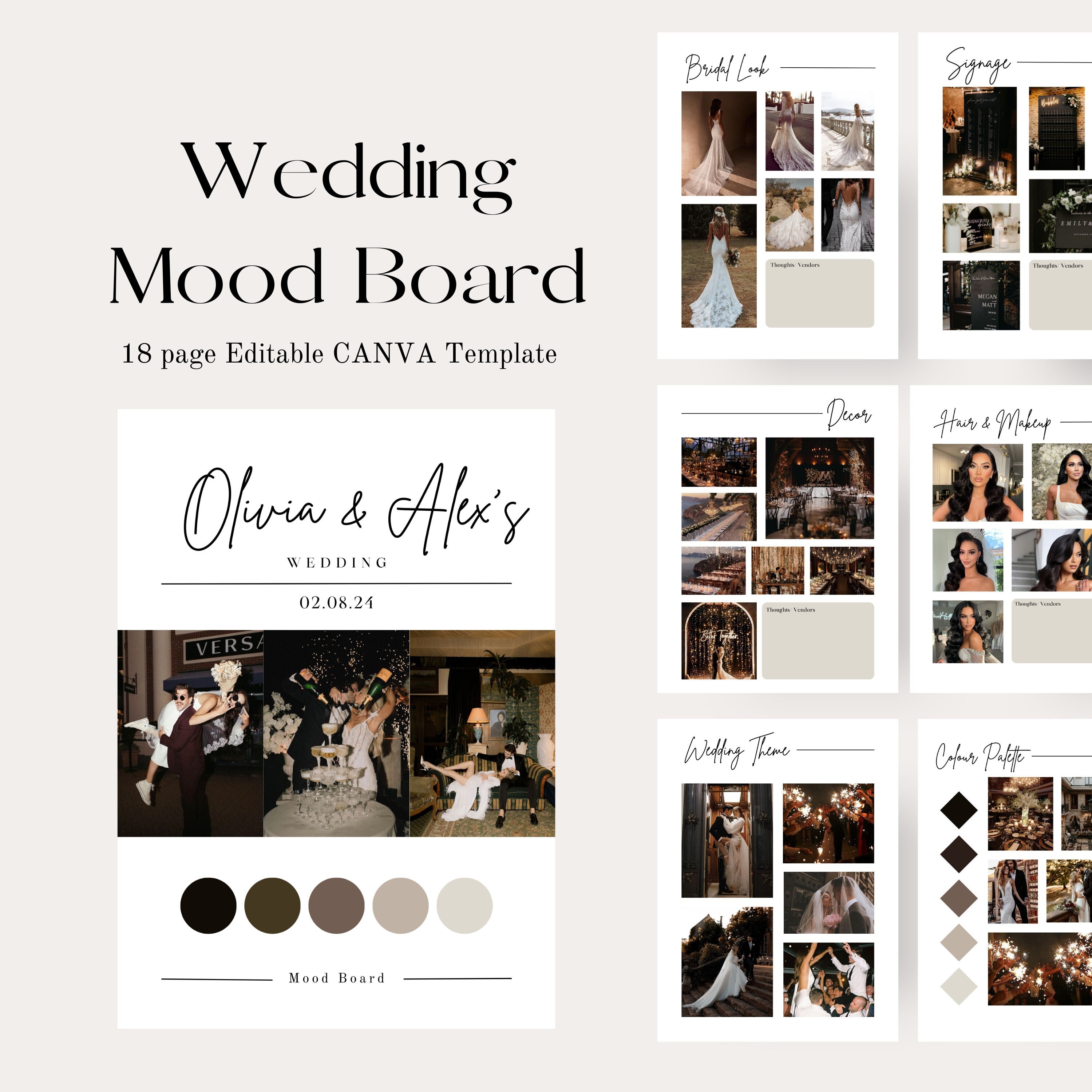 Wedding Mood Board Template, Digital Wedding Planner, Wedding Theme Guide, Style Design Board ...