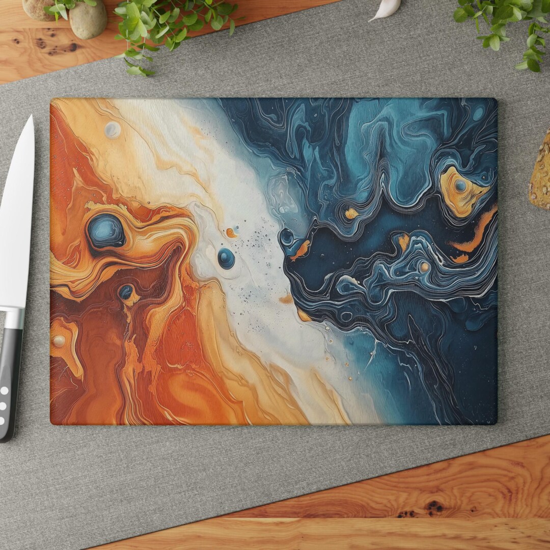 Swirling Orange and Blue Liquid Art Design Cutting Board, Tempered ...