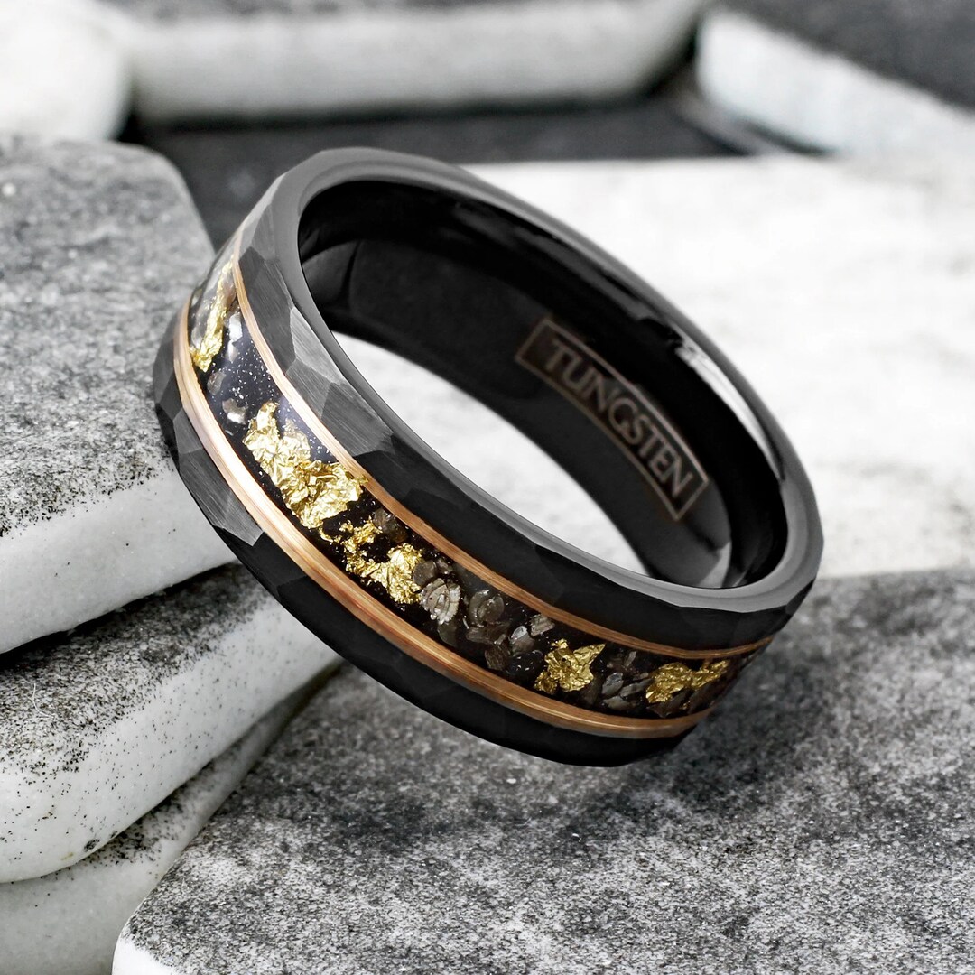 Custom Tungsten Ring, Faceted Brushed Black Tungsten Wedding Band With ...