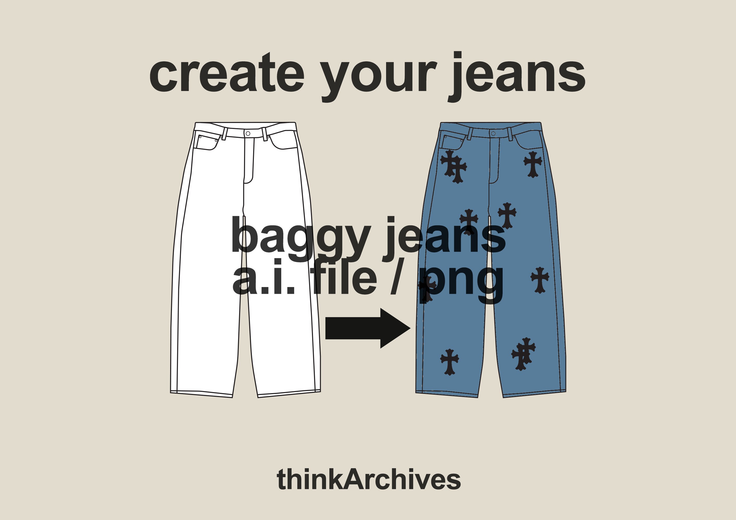 Streetwear Baggy Jeans Template Vector Mock Up Tech Pack Y2K Adobe