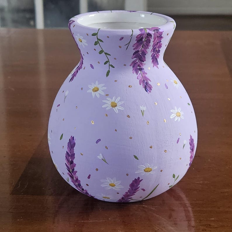 Hand Painted Ceramic Flower Vase, Daisy & Wisteria, Lilac Pottery - Etsy