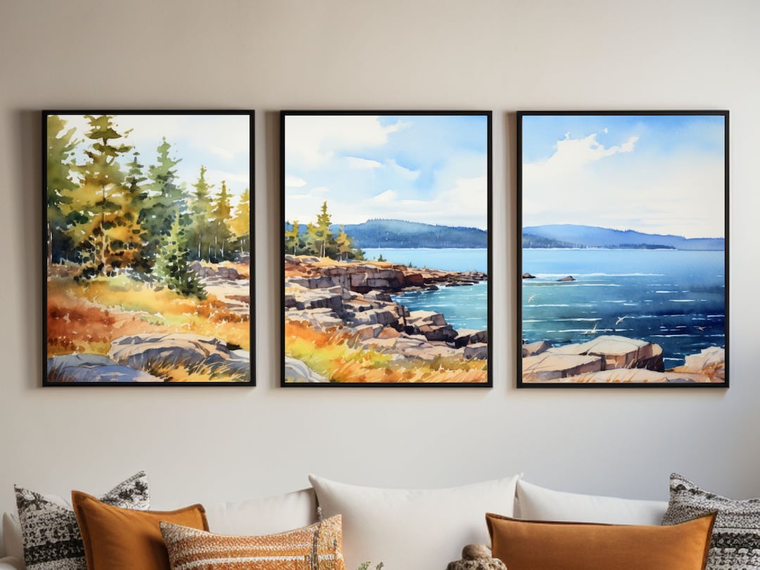 Acadia National Park Watercolor Painting Panorama - Maine Coastal ...