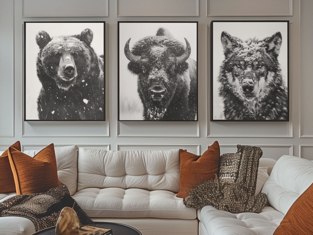 Animals in Winter Triptych | Oil Painting Portrait Set of 3 Prints | Wildlife Wall Art |wolf ...