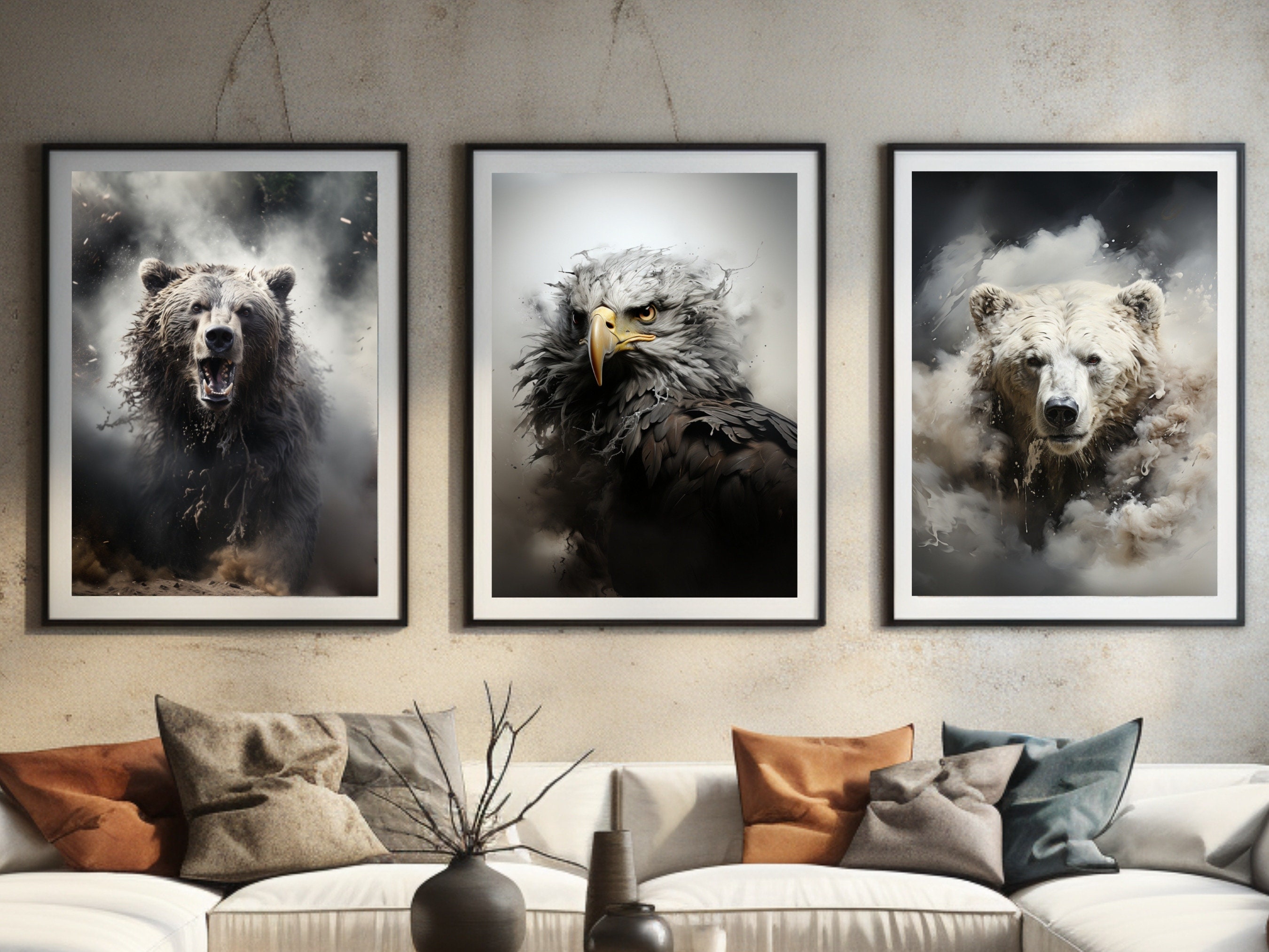 American Wildlife Triptych Oil Painting Portrait Set of 3 Prints ...