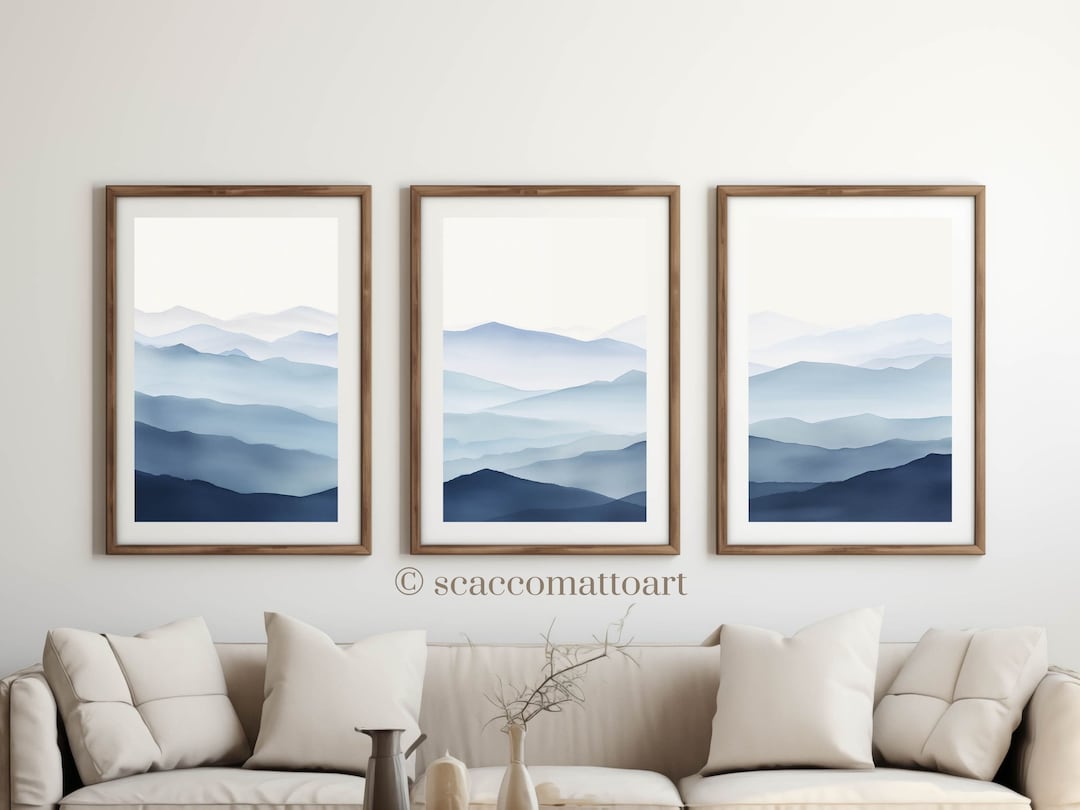Navy Blue Mountain Watercolor Art Print: Modern Minimal Triptych Set - Etsy