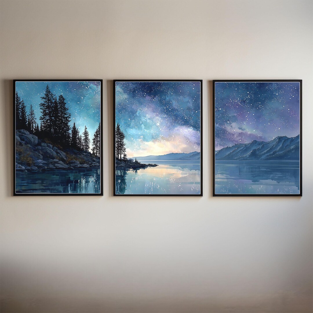 Lake Tahoe Night Triptych – Starry Sky Watercolor Art - Etsy