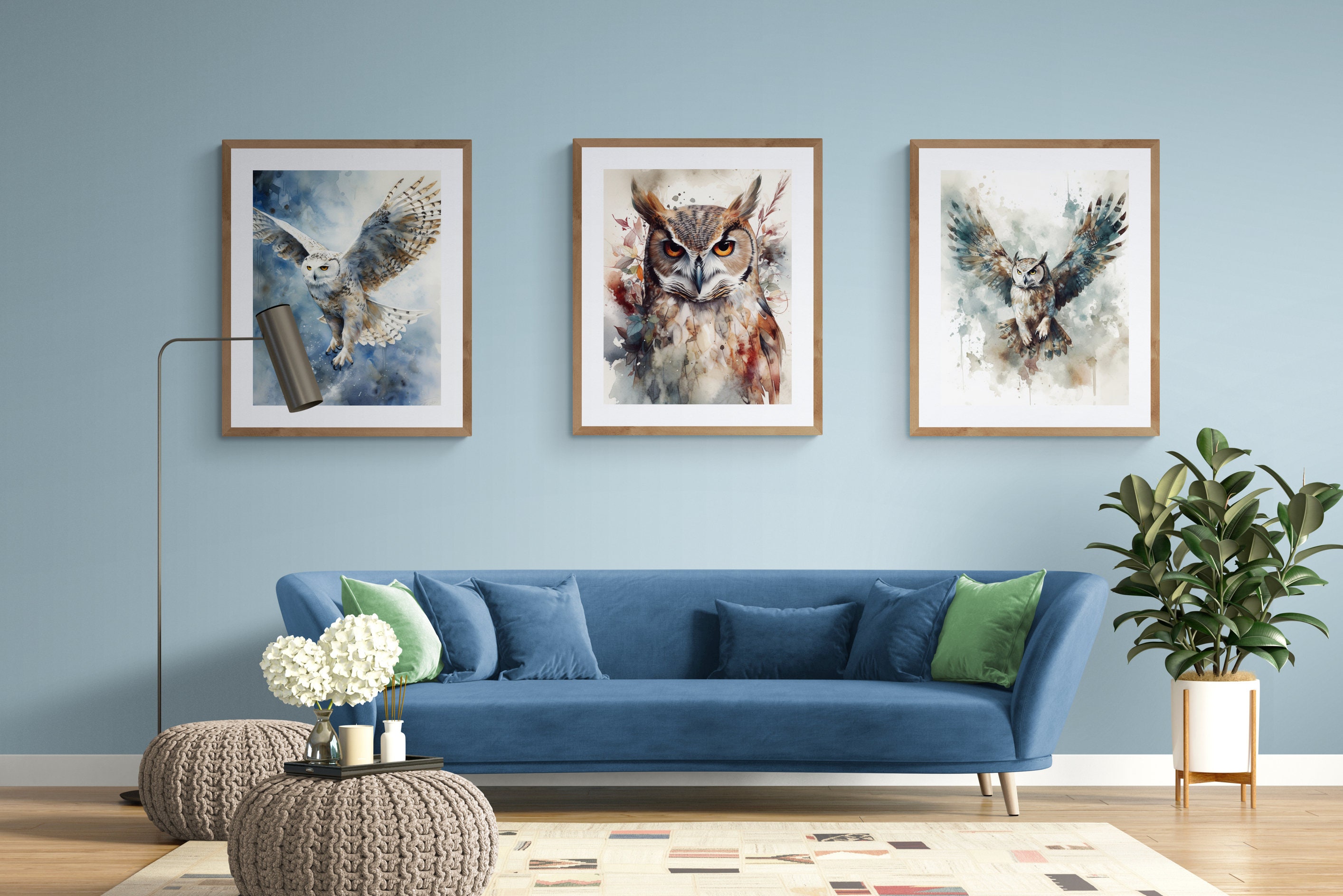 Boho Owl Watercolor Art Print, Bird Wall Art, Boho Great Horned Owl ...