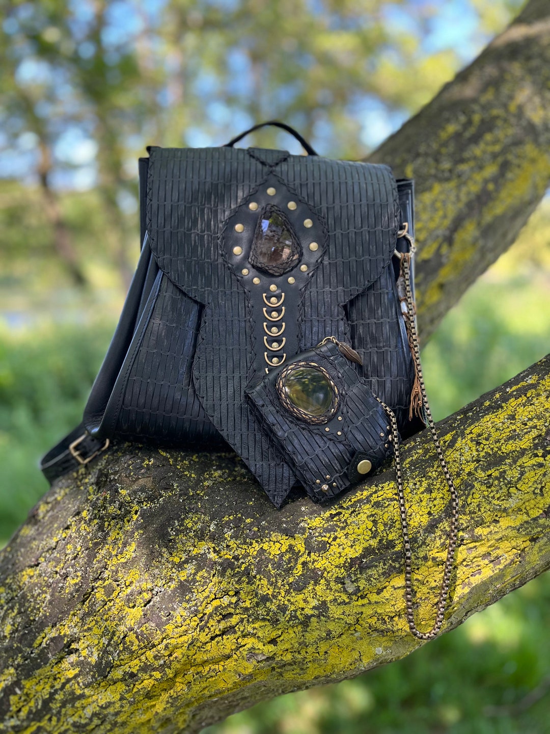 Leather Backpack With Crystal and Wallet / Backpack With Gemstone ...