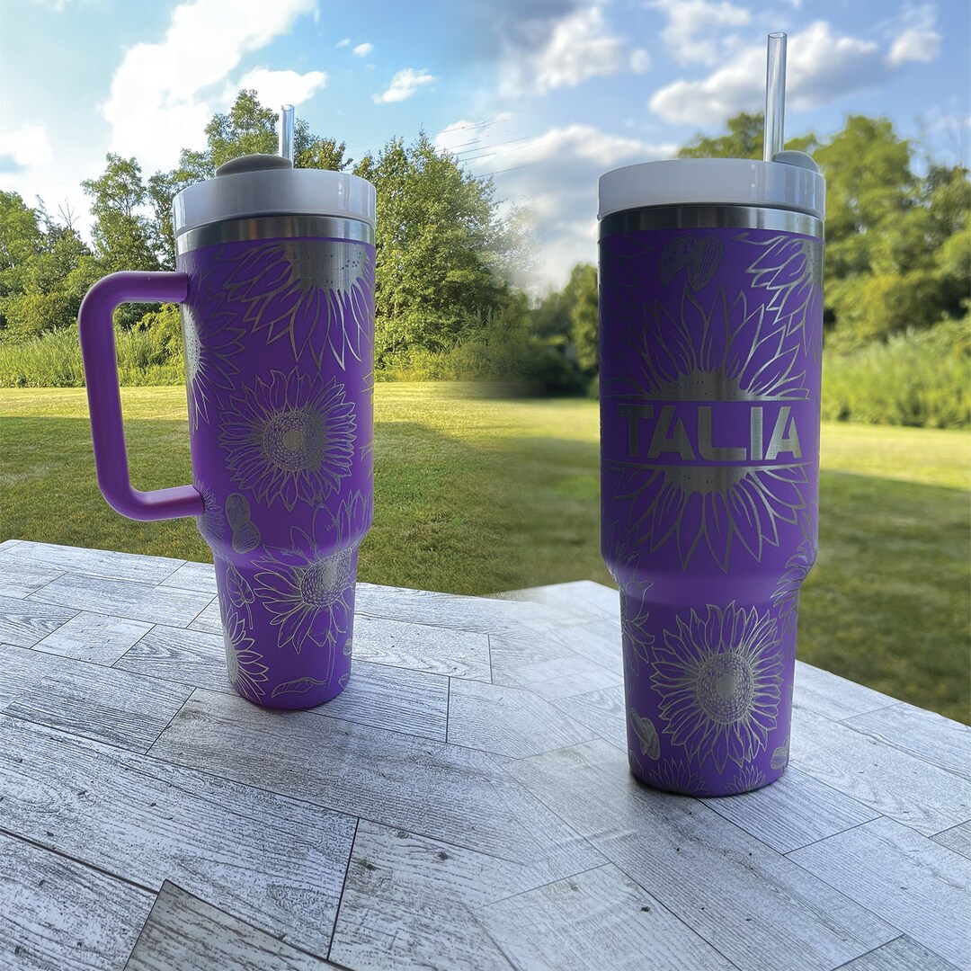 Sunflower Engraved Tumbler: 40 Oz Personalized Travel Mug With Handle ...