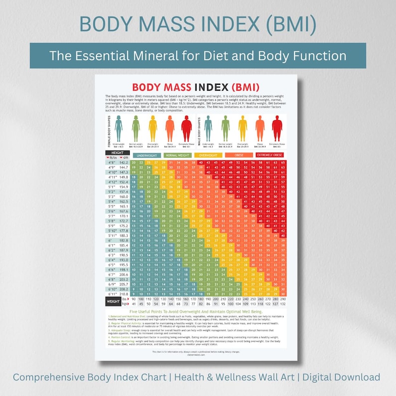 Body Mass Index Chart, Digital Download PDF, Height and Weight, Body ...