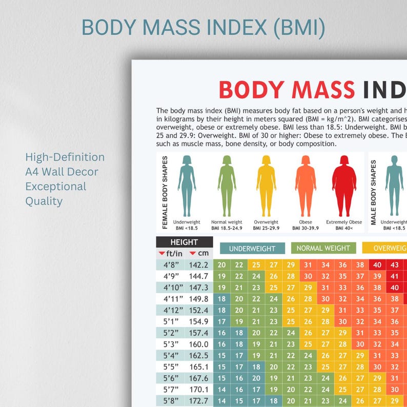 Body Mass Index Chart, Digital Download PDF, Height and Weight, Body ...
