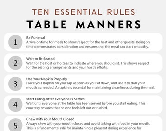 TABLE MANNERS, 10 Golden Rules, Overview Reminder, Essential Principles ...