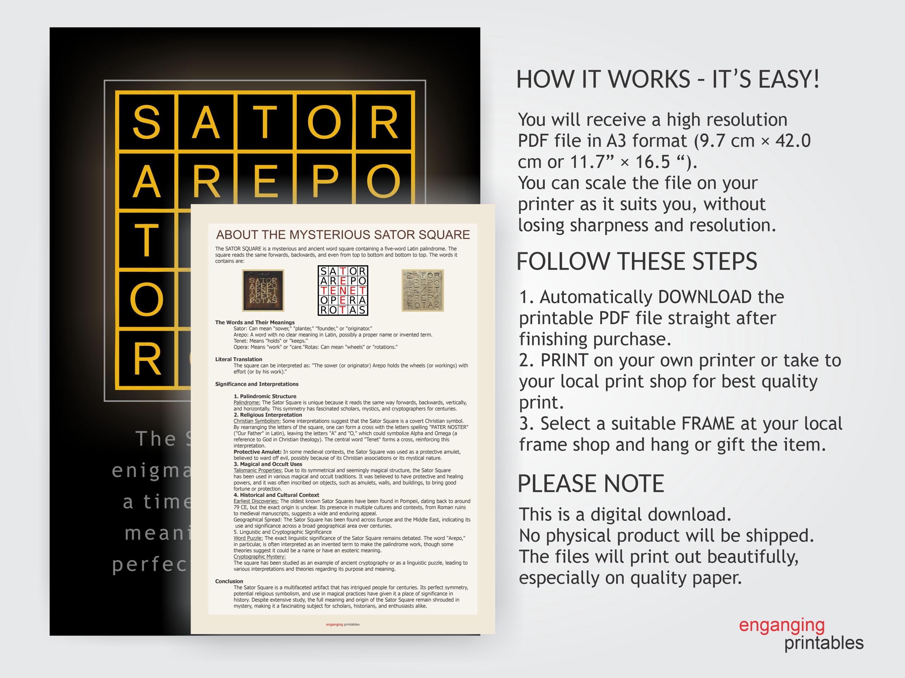 Sator Square A3 With A4 Explanation, Wall Art, Home Decor, Good Fortune Talisman, High ...