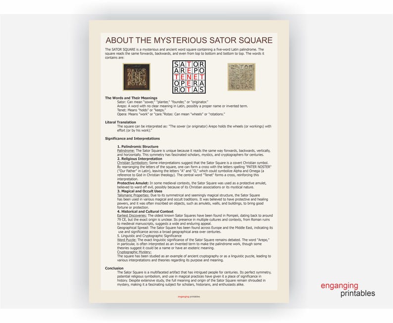 Sator Square A3 With A4 Explanation, Wall Art, Home Decor, Good Fortune ...