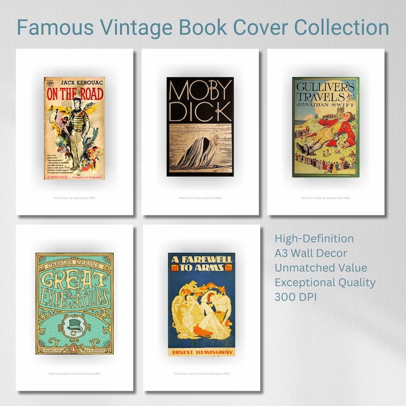 Vintage Book Cover Prints: Famous Classics, A3 Wall Art (digital ...