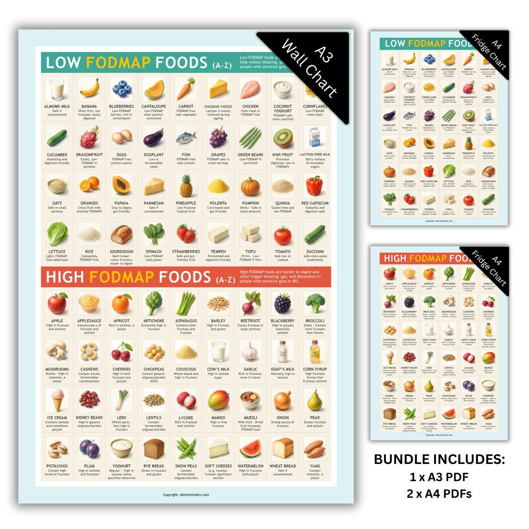 Low & High FODMAP Food Charts A3 and 2 X A4 Fridge Charts – IBS Diet ...