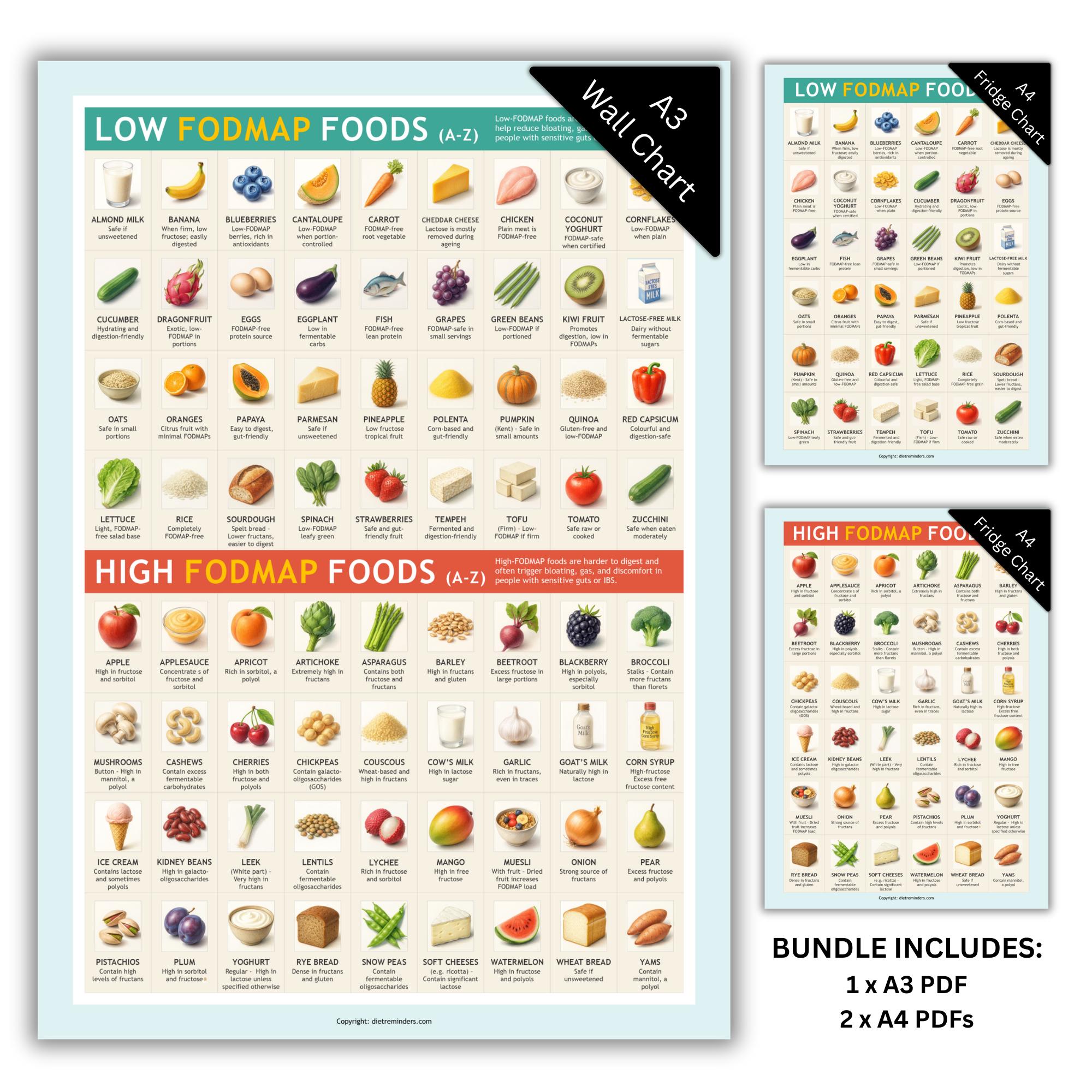 Low & High FODMAP Food Charts A3 and 2 X A4 Fridge Charts – IBS Diet ...