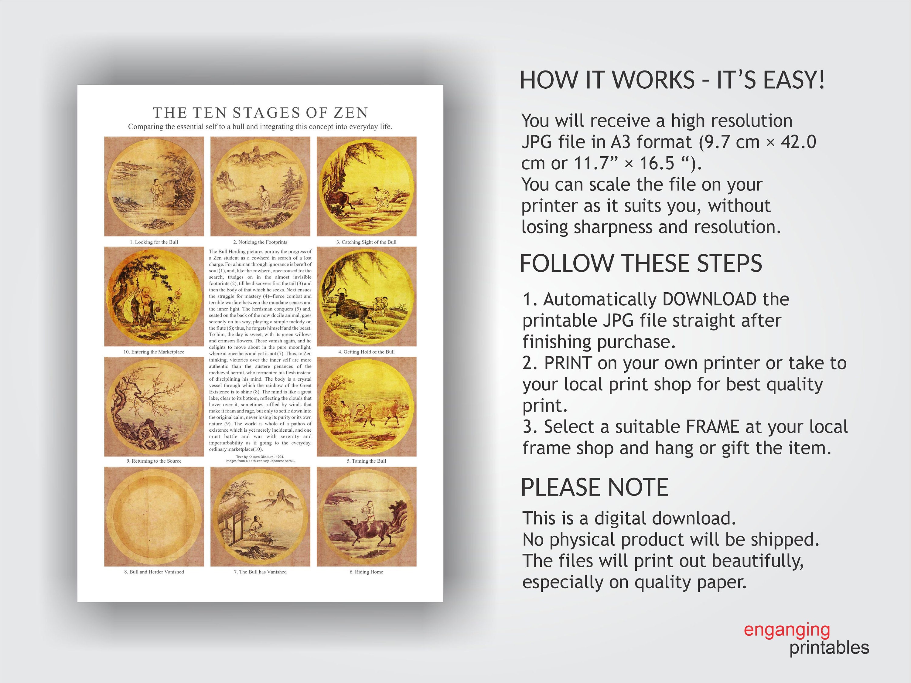 Ten Stages of Zen, Bull Herding Story, Printable Decor Wall Art, High ...