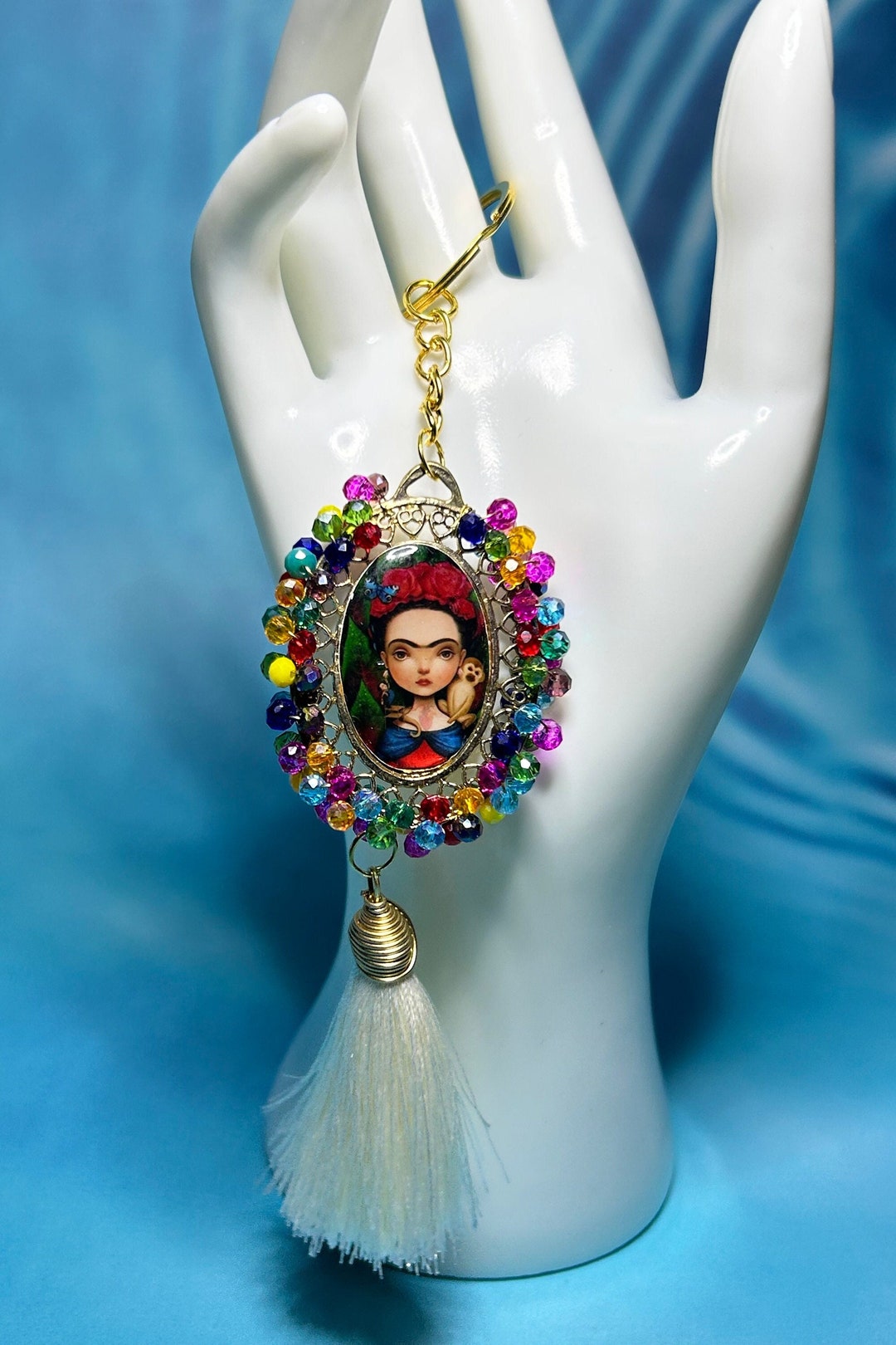 Frida Kahlo Keychain: Handmade Artisan Gold Plated Crystal Beaded Purse ...