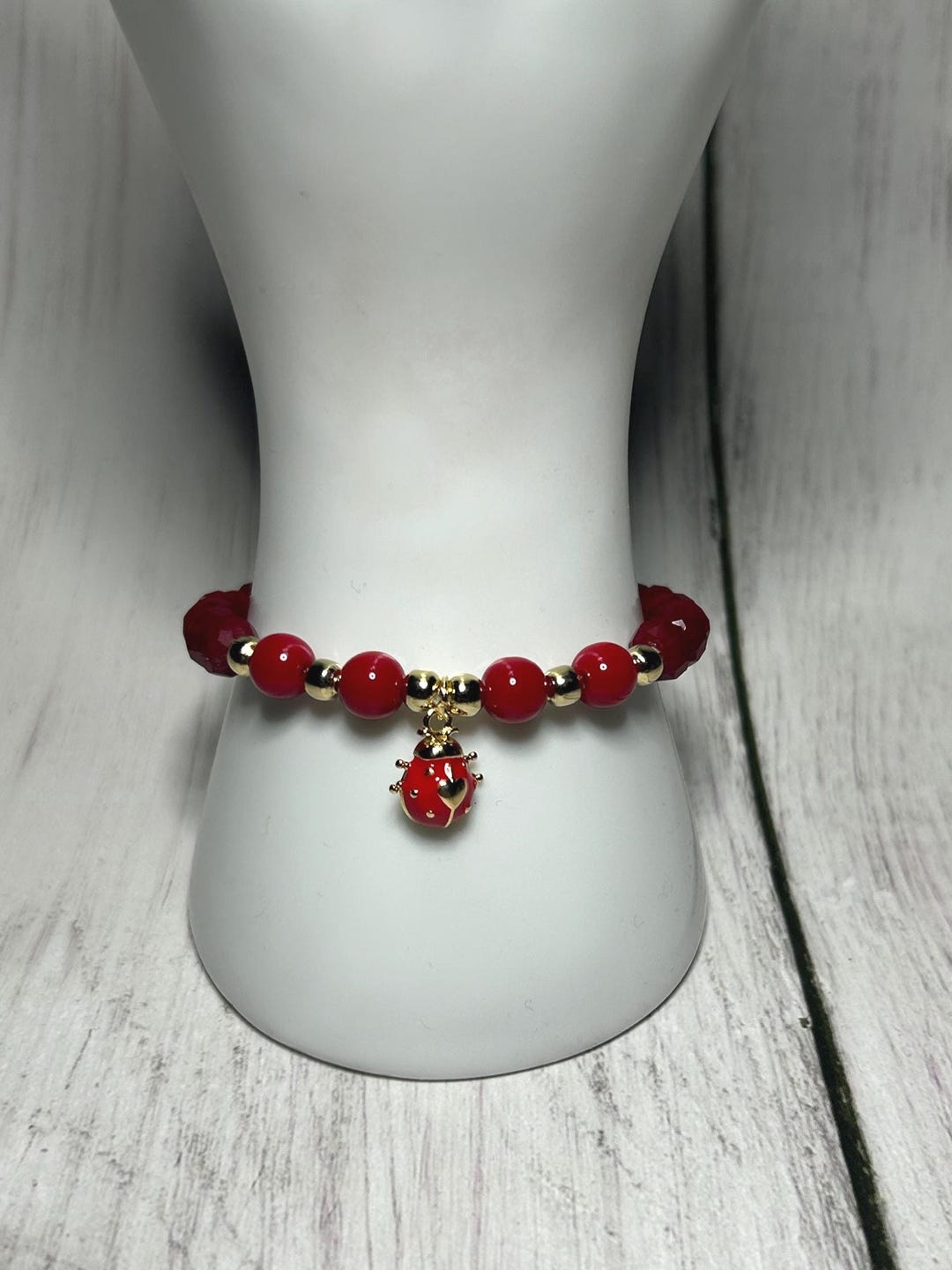 Ladybug Bracelet: Gold-plated Charm, Gemstone & Crystal Beads - Etsy
