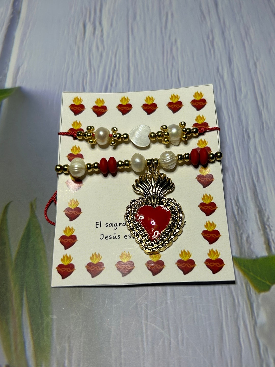 Sacred Heart Bracelet Duo With Pearls, Handmade Jewelry, Artisan ...