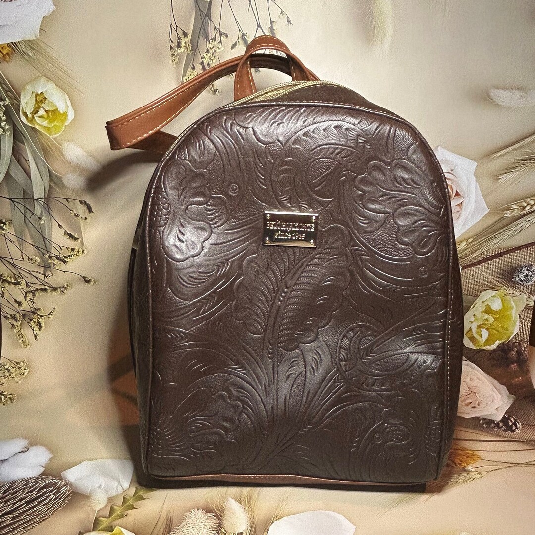 Handmade Tooled Vegan Leather Backpack: Mexican Artisan Floral Design ...