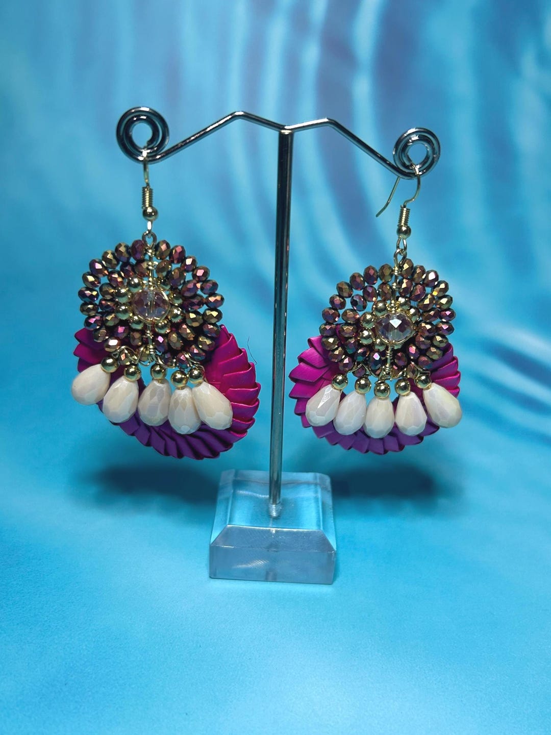Artisanal Palm Leaf Earrings, Wire Technique Design With Crystal Beads ...