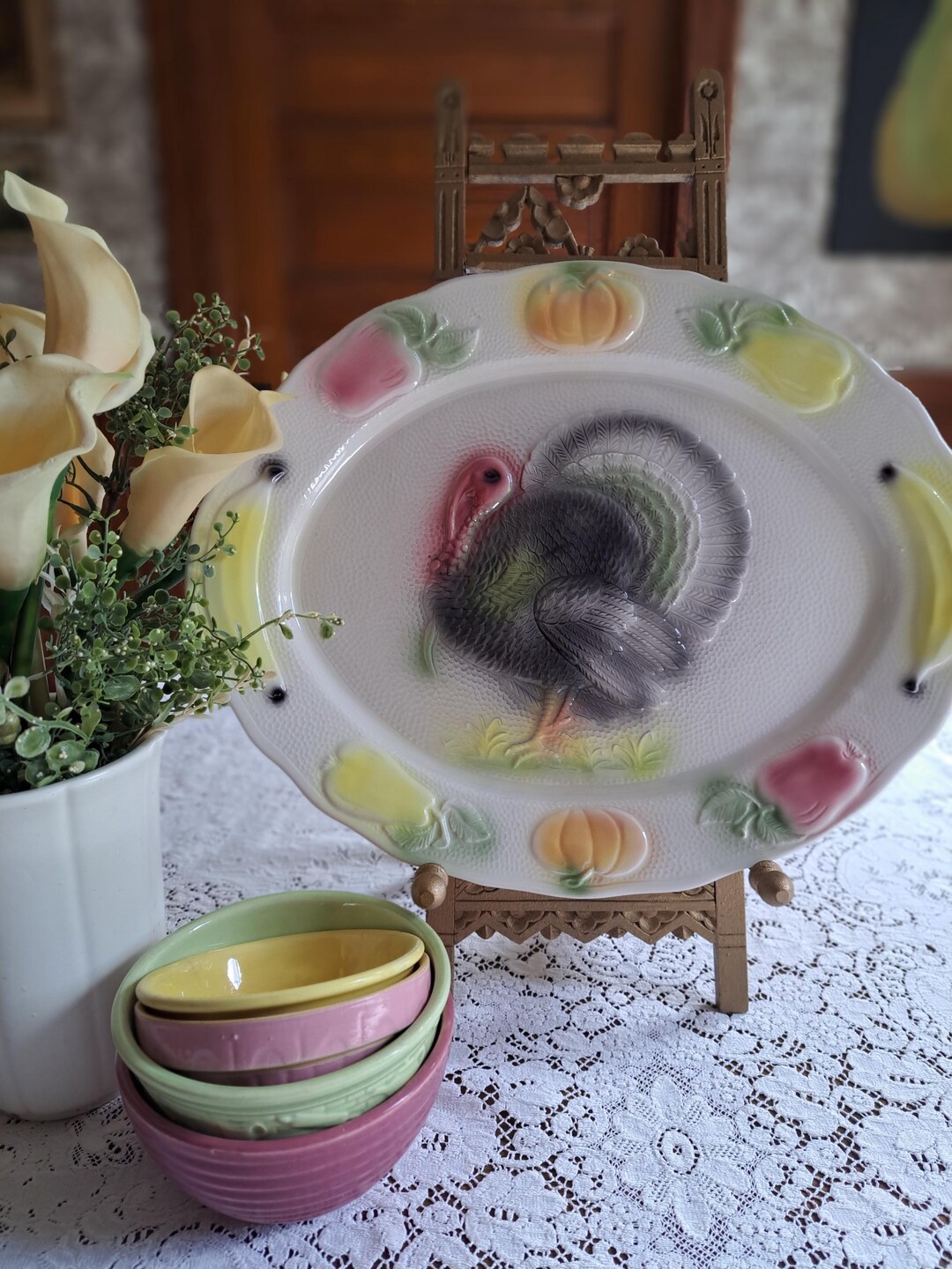 Large Vintage Pastel Turkey Platter With Fruit Details - Etsy