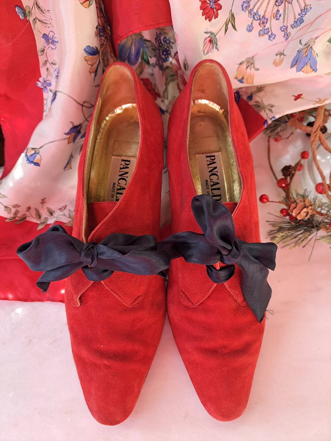 Vintage Pancaldi RED Suede Heels With Black Tied Bows - Size 7 1/2 Pair ...