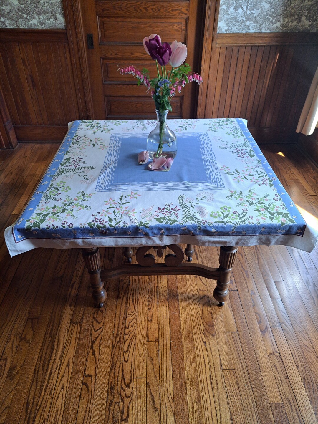 1950's Simtex Table Cloth - Gorgeous Blue With Pastels - Mid-century ...