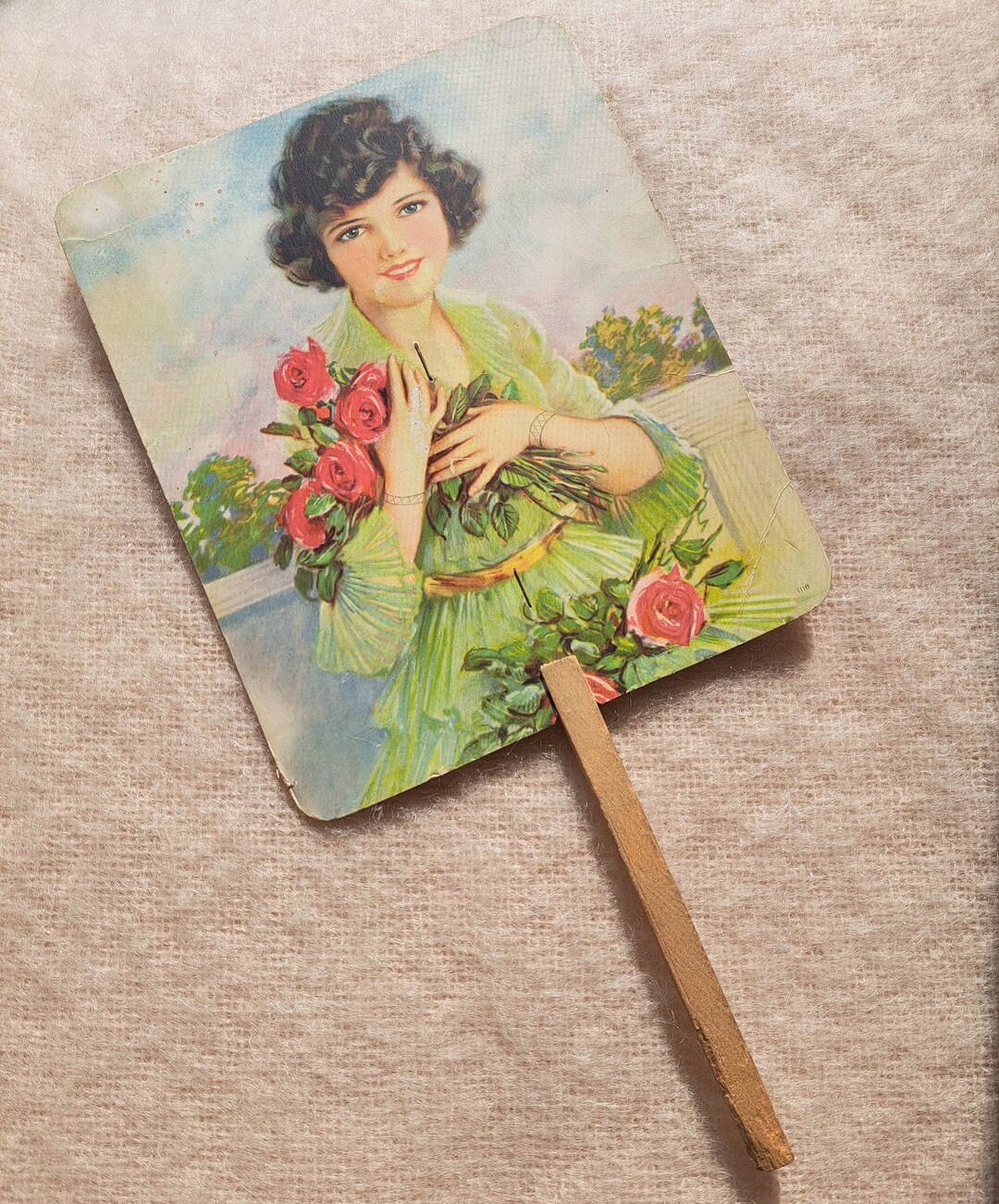 Vintage Paper Advertising Fan - Beautiful Girl in Green Dress With Red ...