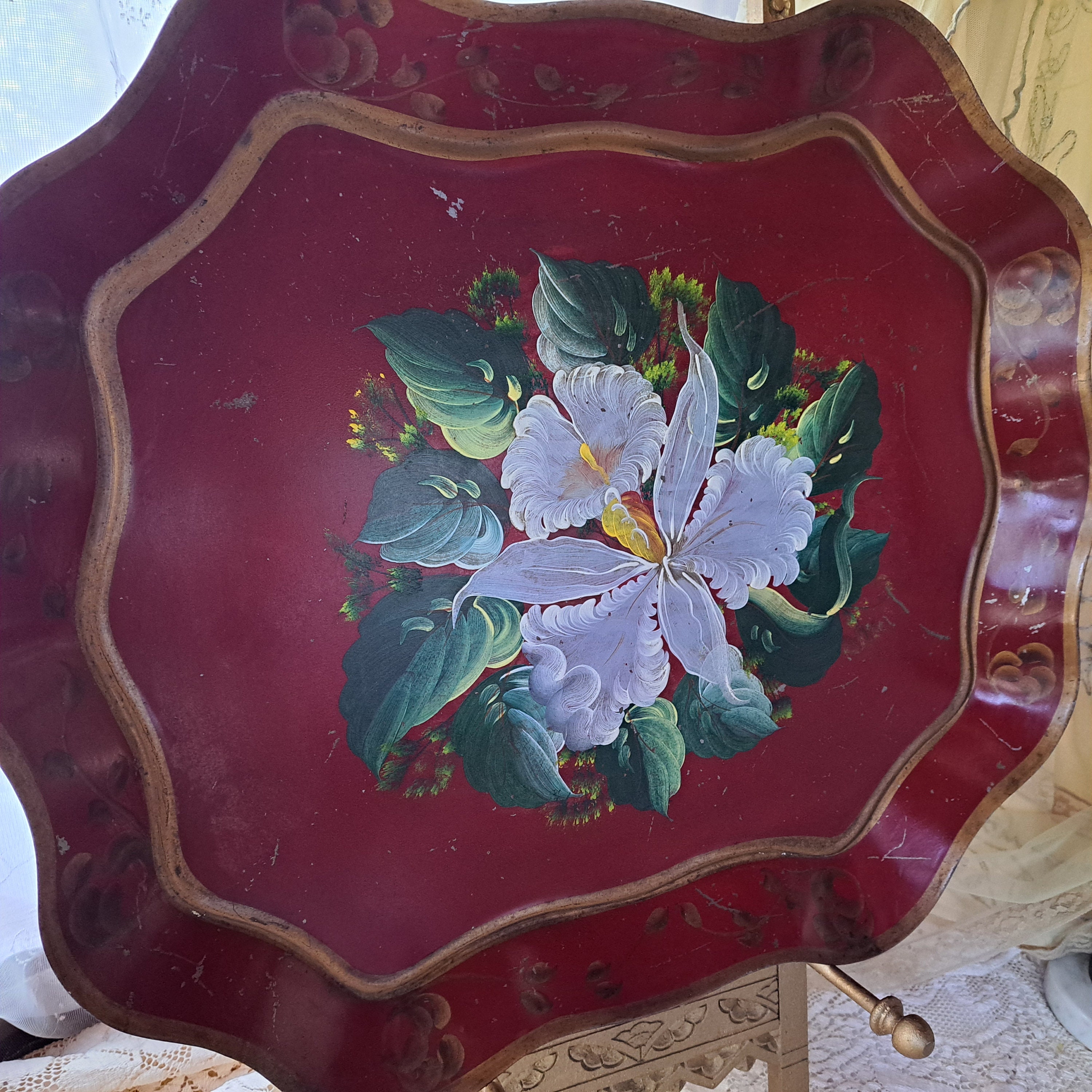 Antique Tole Painted Tray Rare Colors and Floral Pattern Red With White ...