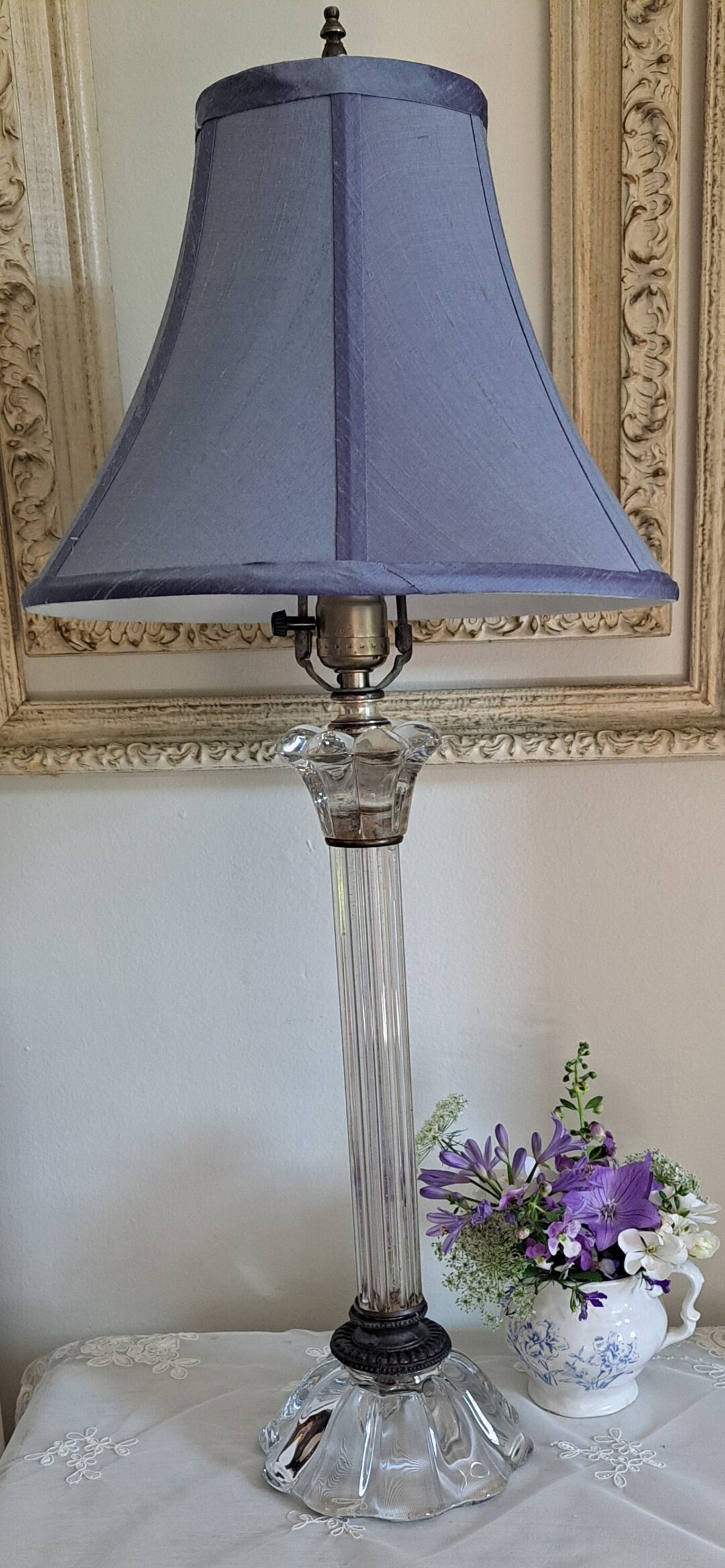 TALL Vintage Ribbed Glass Lamp With Petal Base & Silver/black Detail - Etsy