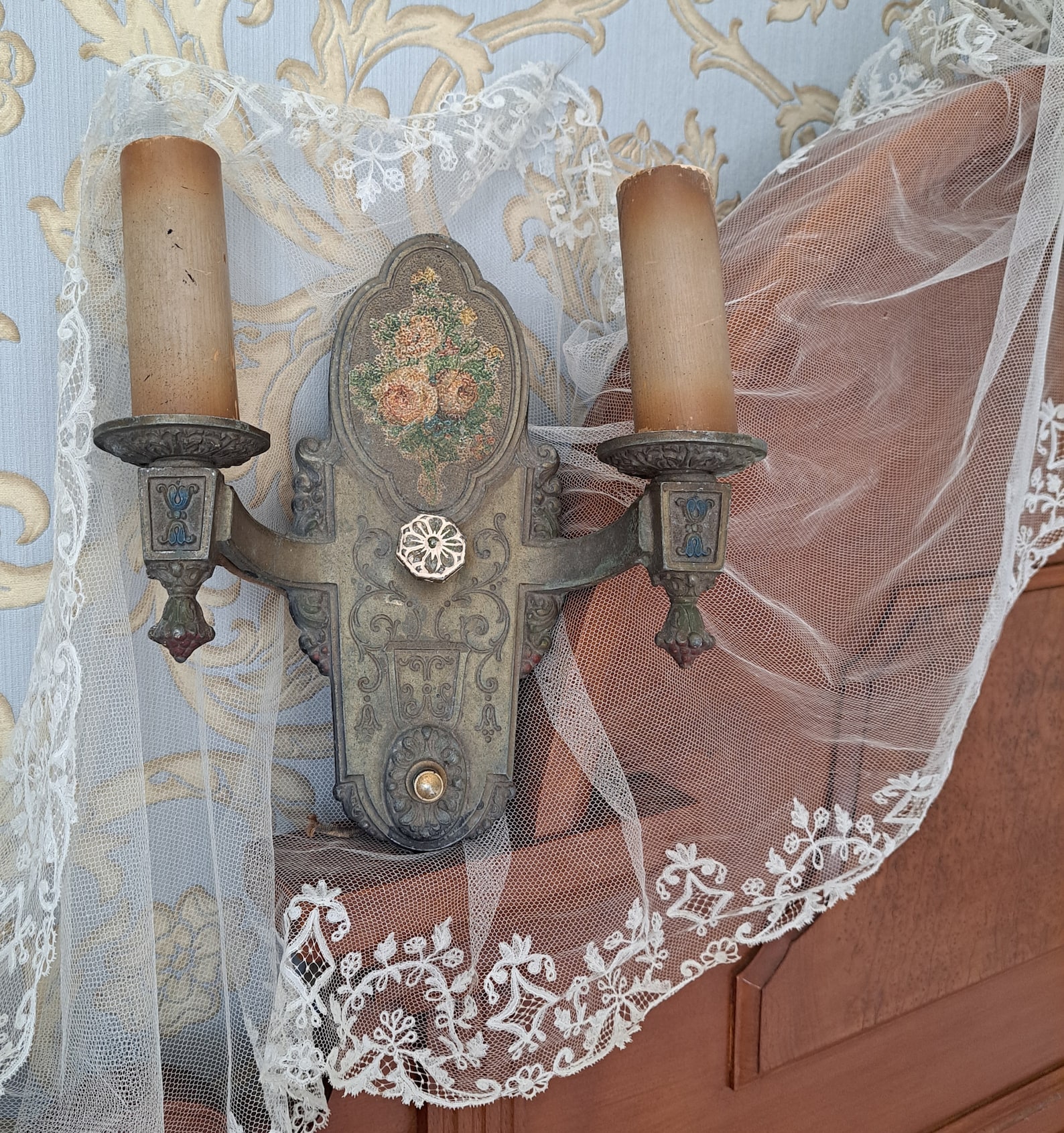 Cottage Style Turn of the Century Wall Sconce Double Light Fixture Rose ...