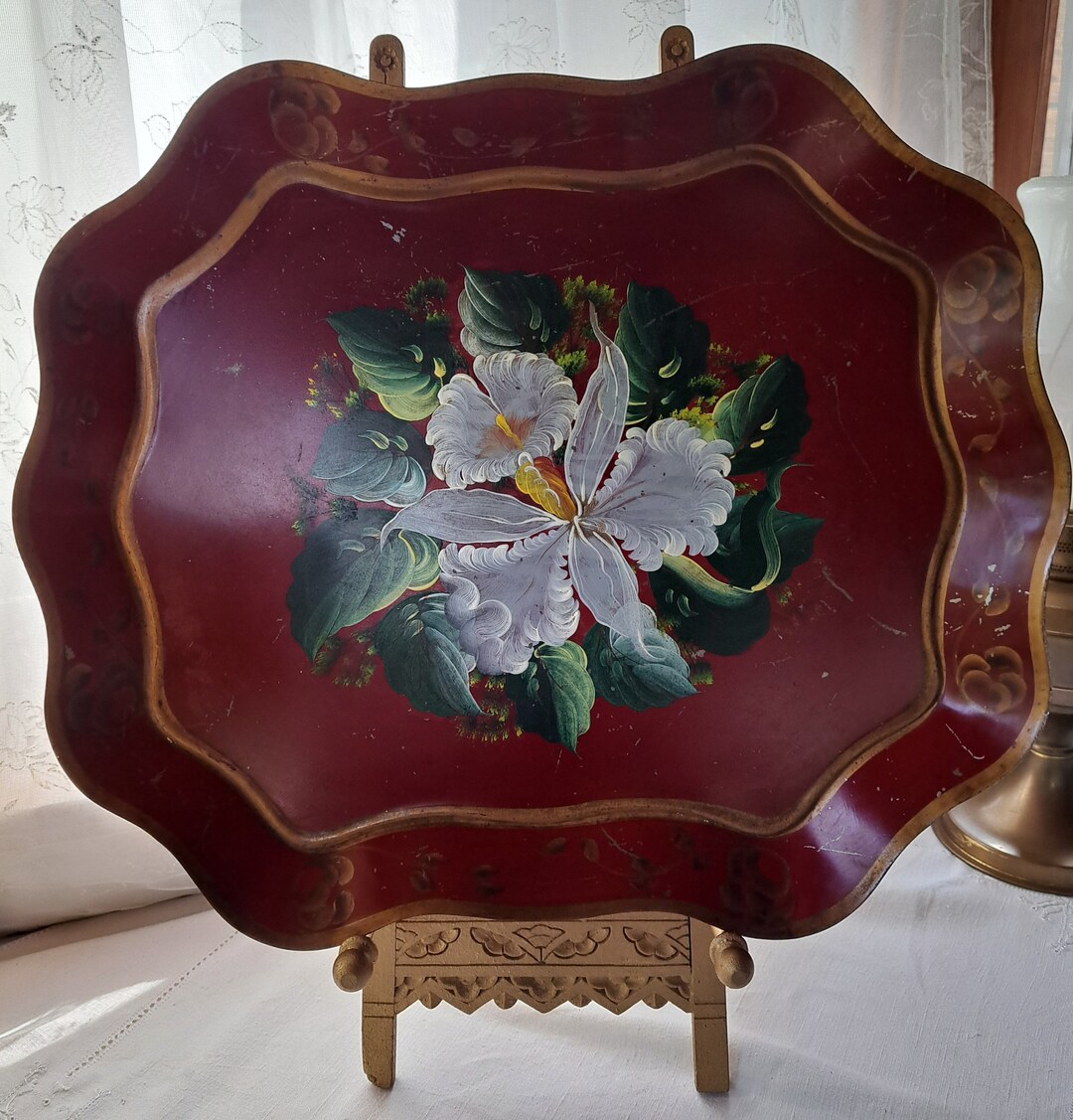 Antique Tole Painted Tray - Rare Colors and Floral Pattern - Red With ...