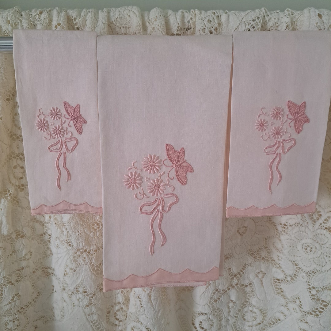 SET - Seven Marghab Madeira Linen Guest Towels - Pink Butterfly Pattern ...