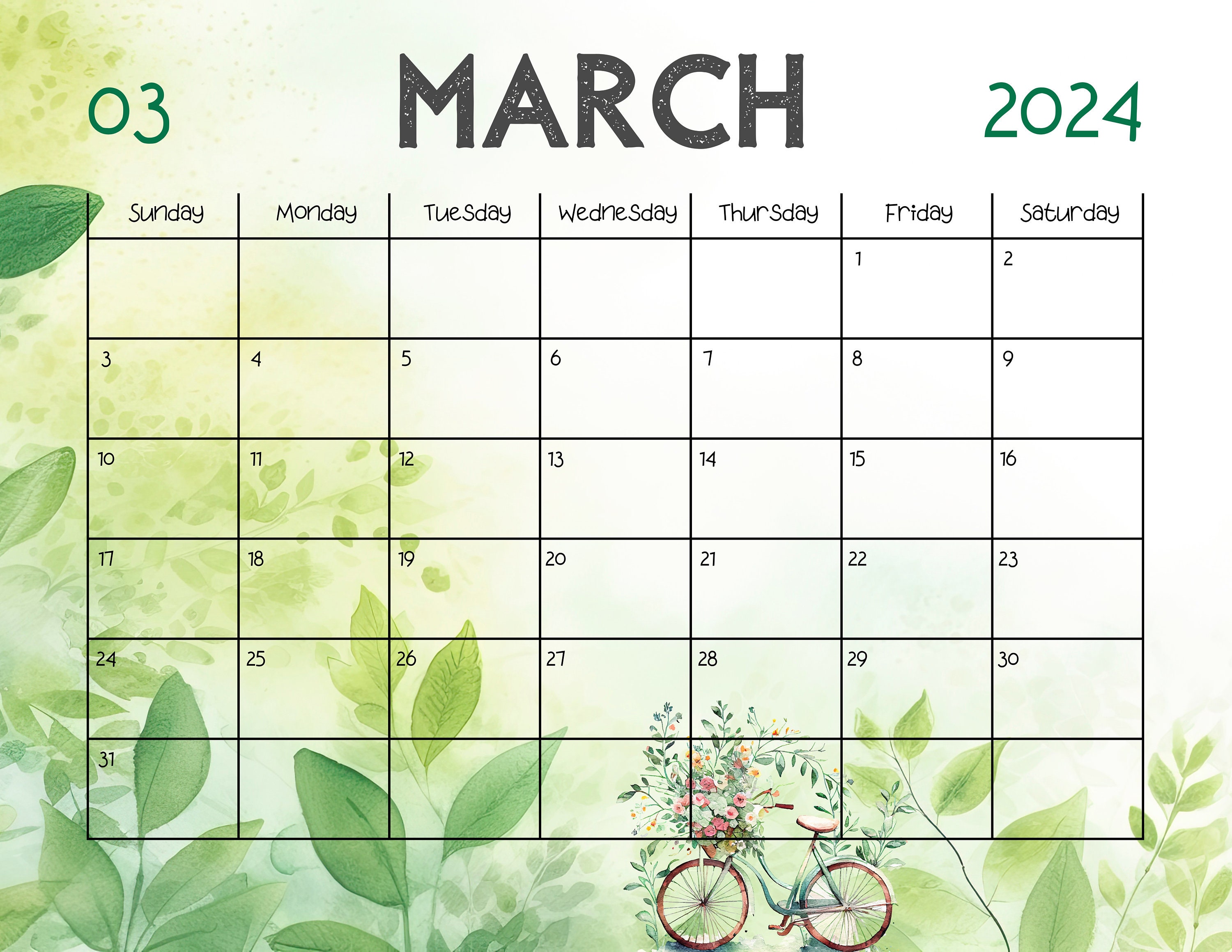 EDITABLE March 2024 Calendar, Fillable Spring Bicycle Calendar ...