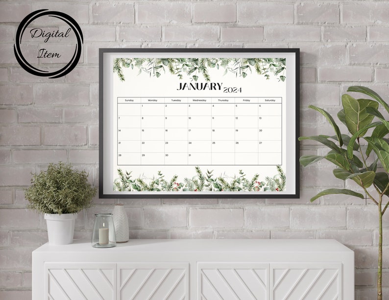 Editable Digital January 2024 Calendar, Monthly Planner, Greenery ...