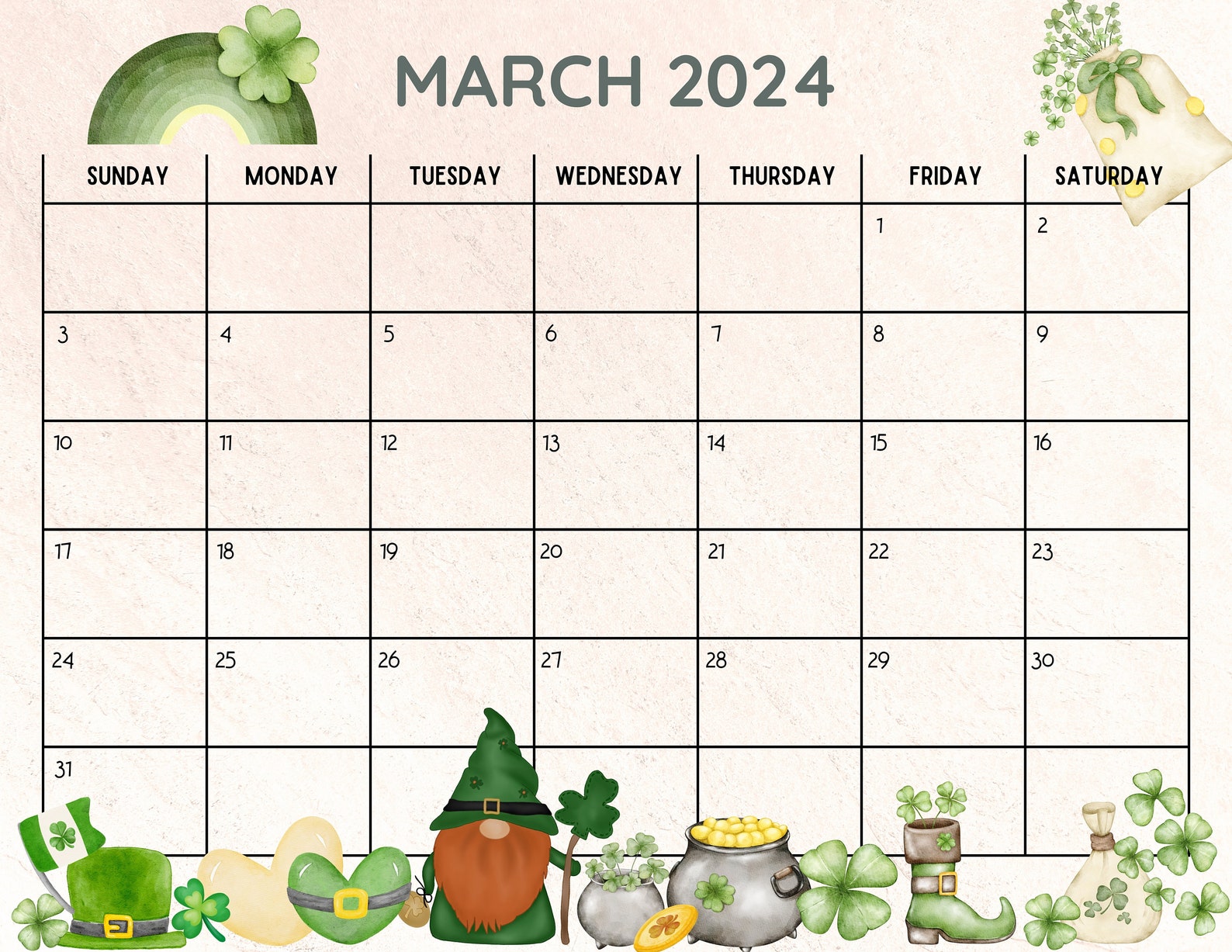 EDITABLE March 2024 Calendar, Happy St. Patrick's Day With Cute Gnome ...