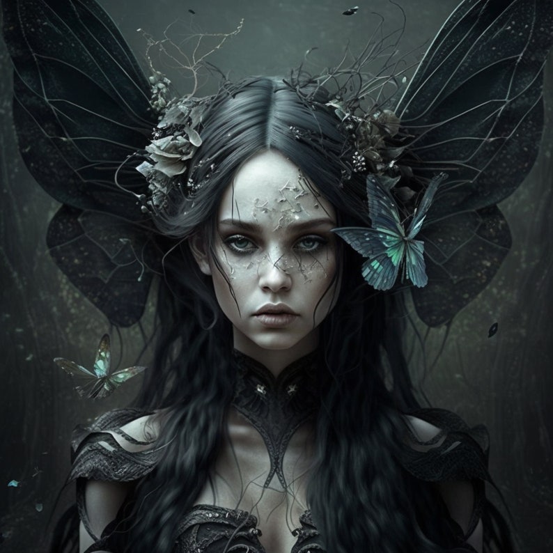Gothic Fairy, Dark-haired Fairy, Digital Art Print, Dark Arts, Gift for Blank Wall, AI Digital ...