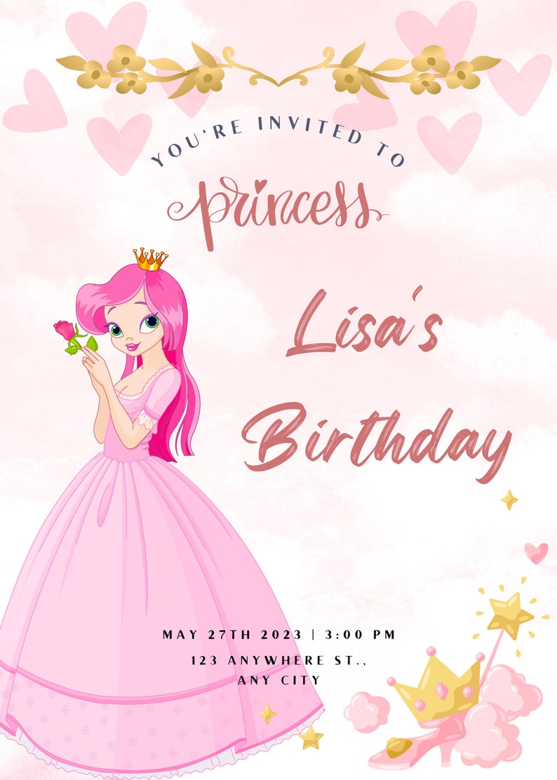 Editable Princess Birthday Invitation Template, Princess Girl Evite ...