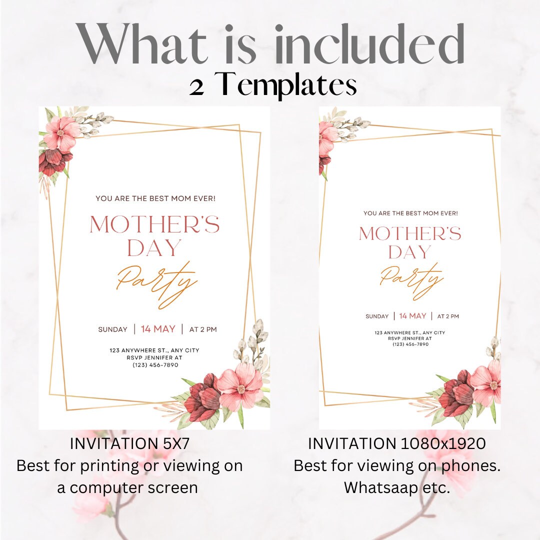 Floral Mothers Day Party Invitation, Mothers Day Card, Brunch ...