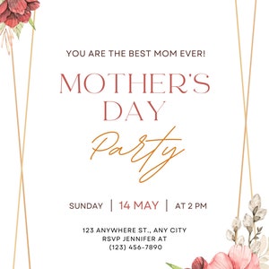 Floral Mothers Day Party Invitation, Mothers Day Card, Brunch ...