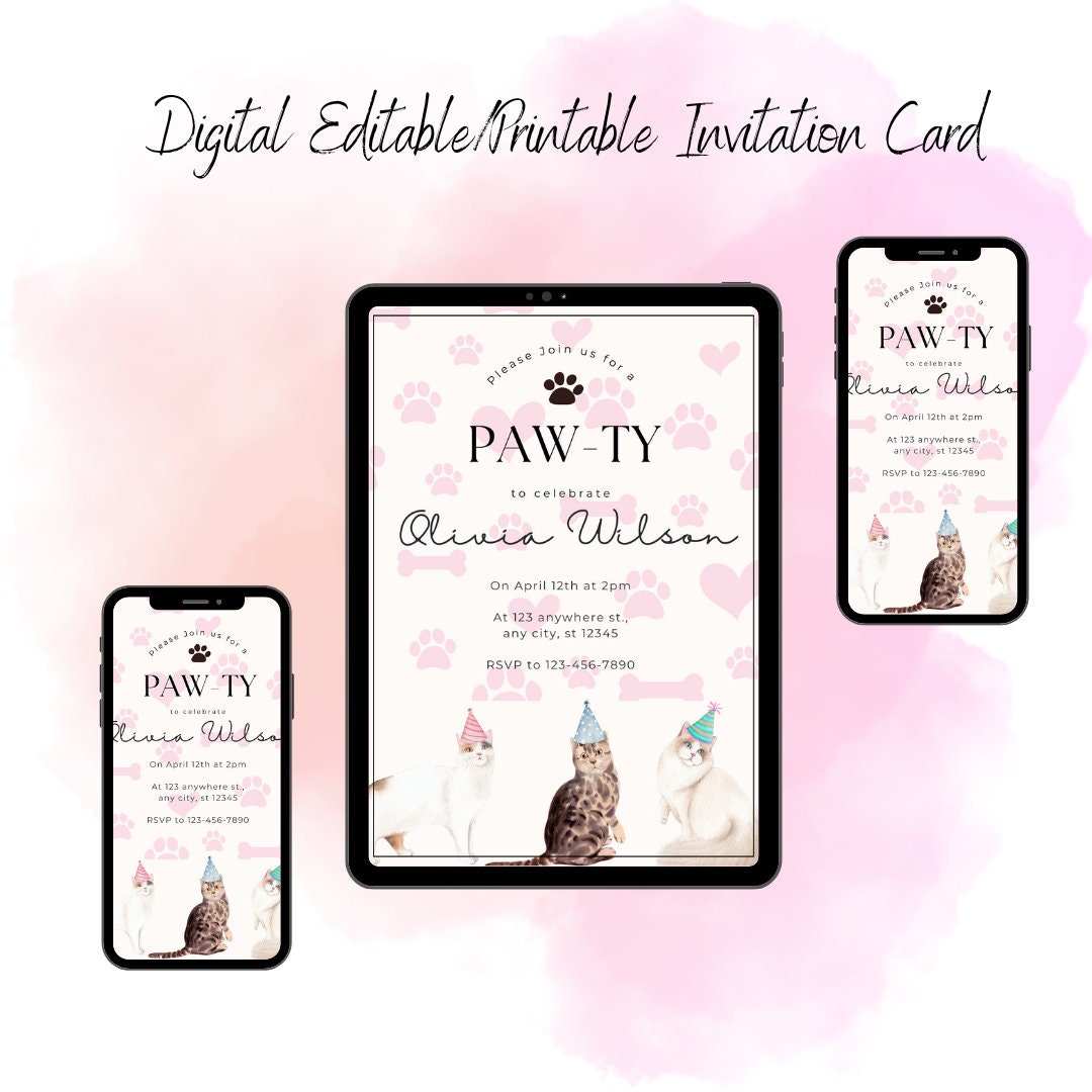 Cat Party Invitation, Cat Birthday Invite, Kitty Party Invitation, Cat ...