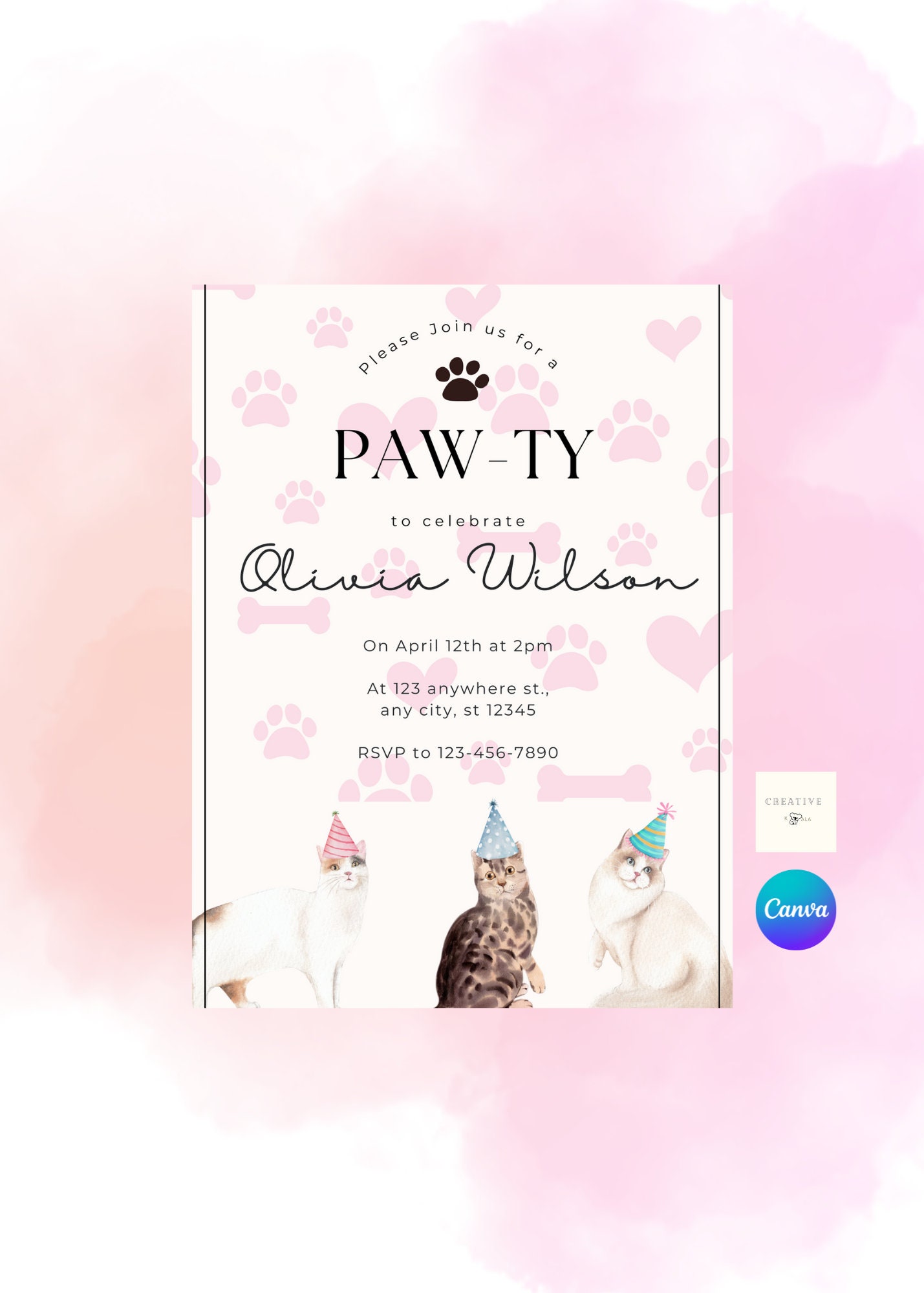 Cat Party Invitation, Cat Birthday Invite, Kitty Party Invitation, Cat ...