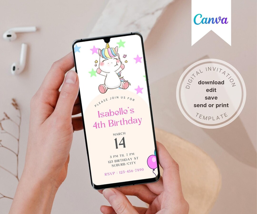 Unicorn Kids Birthday Invitation Canva Template Baby Child Children ...