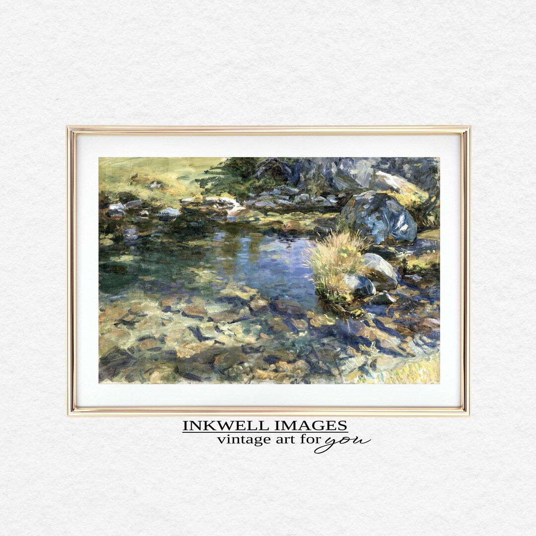 Vintage River Watercolor Painting Alpine Pool Green Mossy Landscape ...