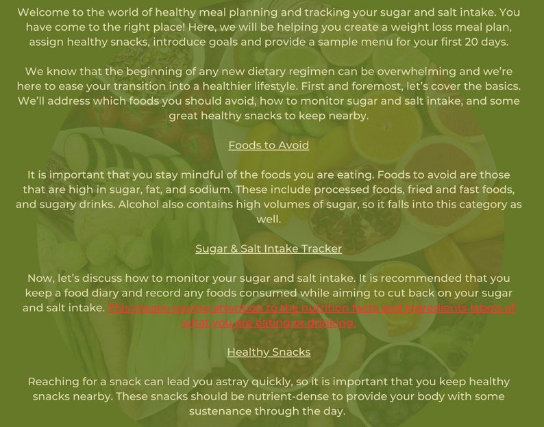Low Carbs and Low Sugar 20-day Meals, Salt Intake Tracker Template ...