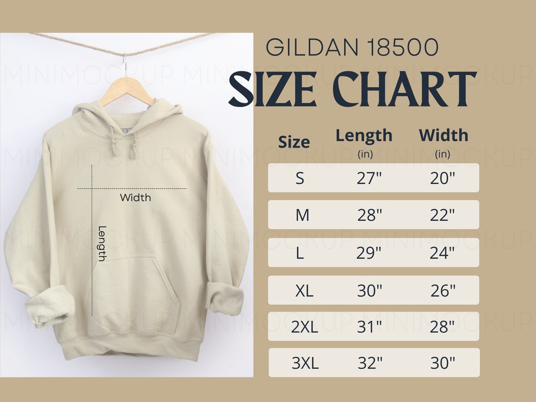 Gildan 18500 Size Chart in Inches and Centimeters | Heavy Blend Hooded ...